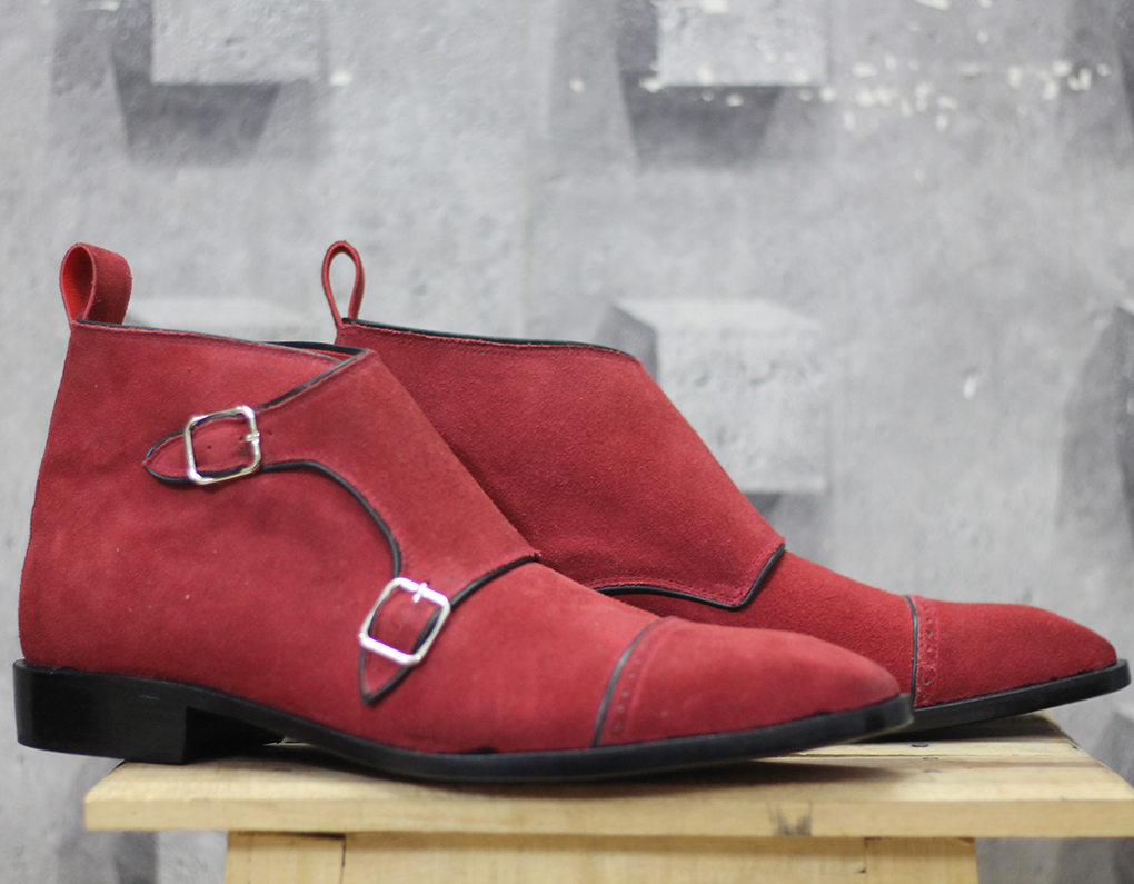 Monk Ankle Boots Red Color Dual Buckle Closer Suede Lather Men Shoes on ...